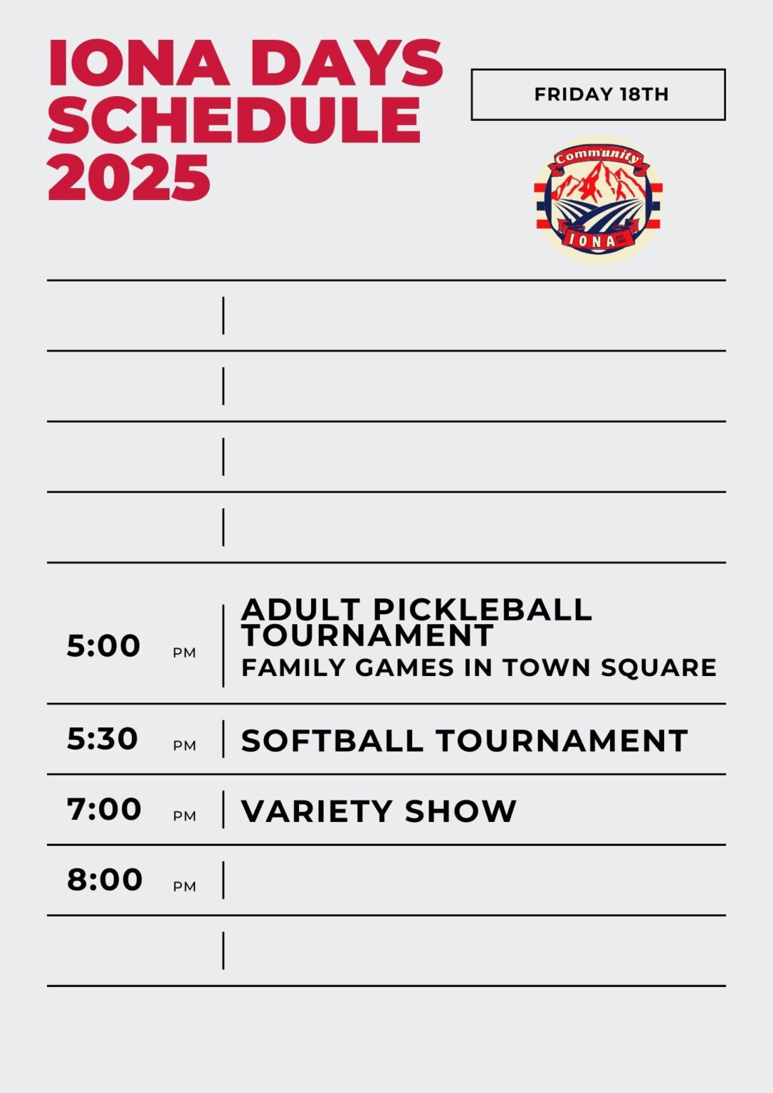Iona Days Schedule